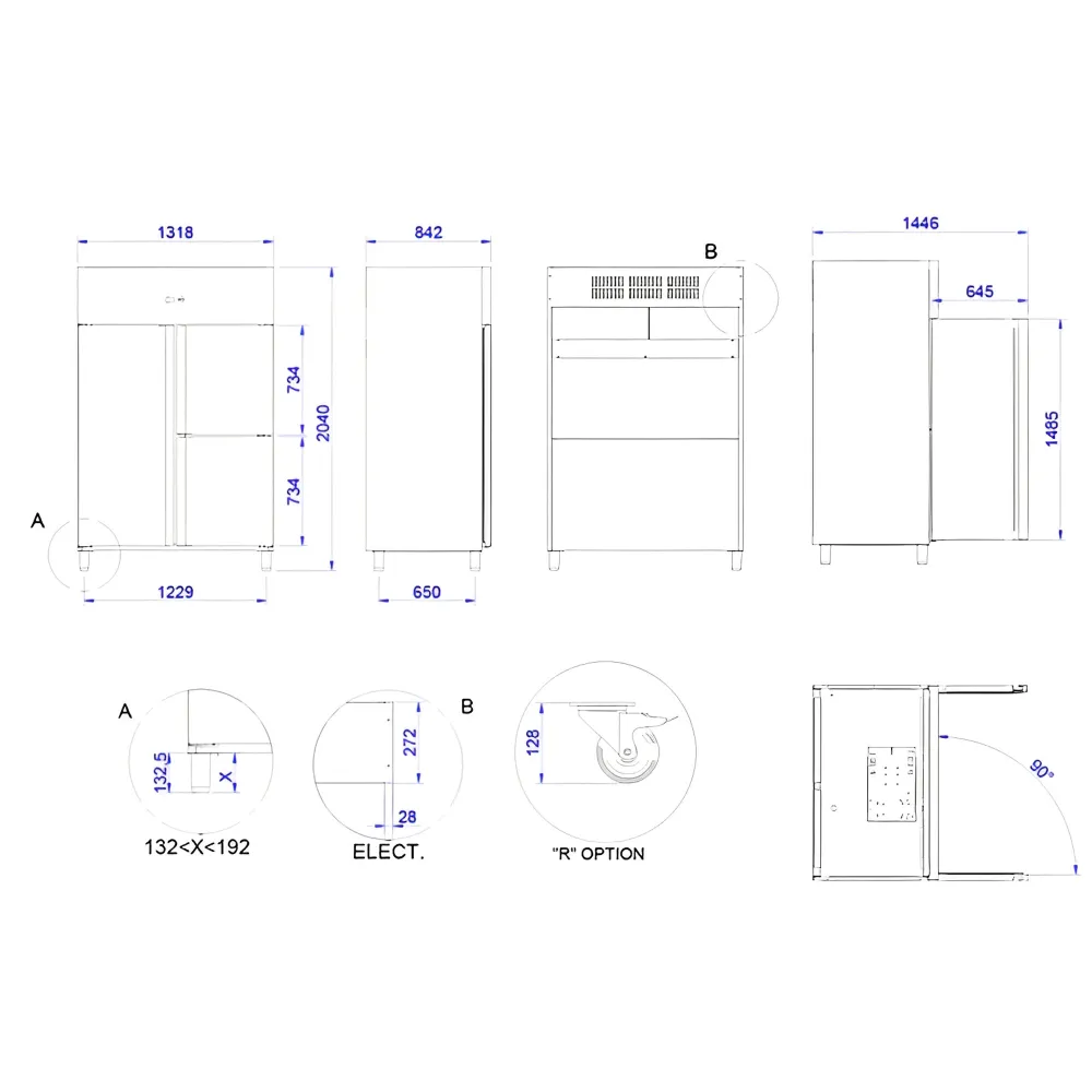 MBH - Vertical freezer INOX 1400 L GN 2/1 with 4 doors for hospitality