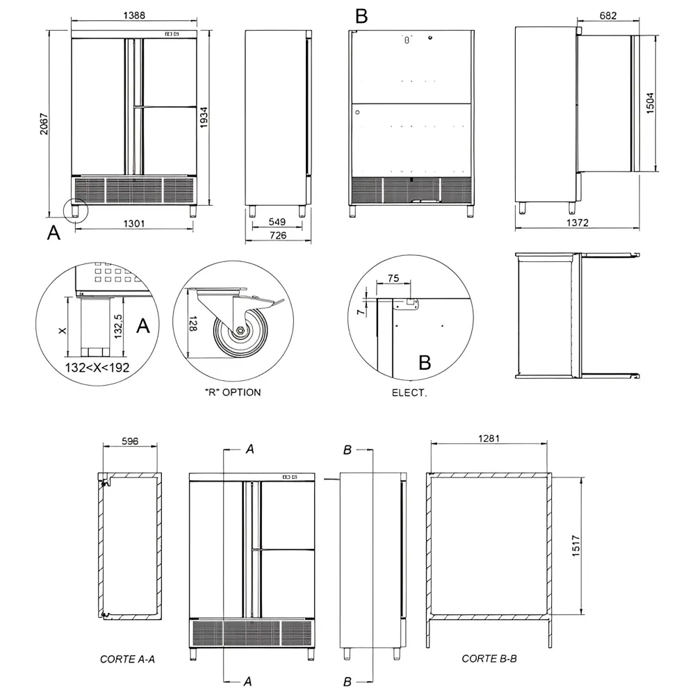 MBH - Mixed vertical freezer INOX 1200 L with 4 doors for hospitality