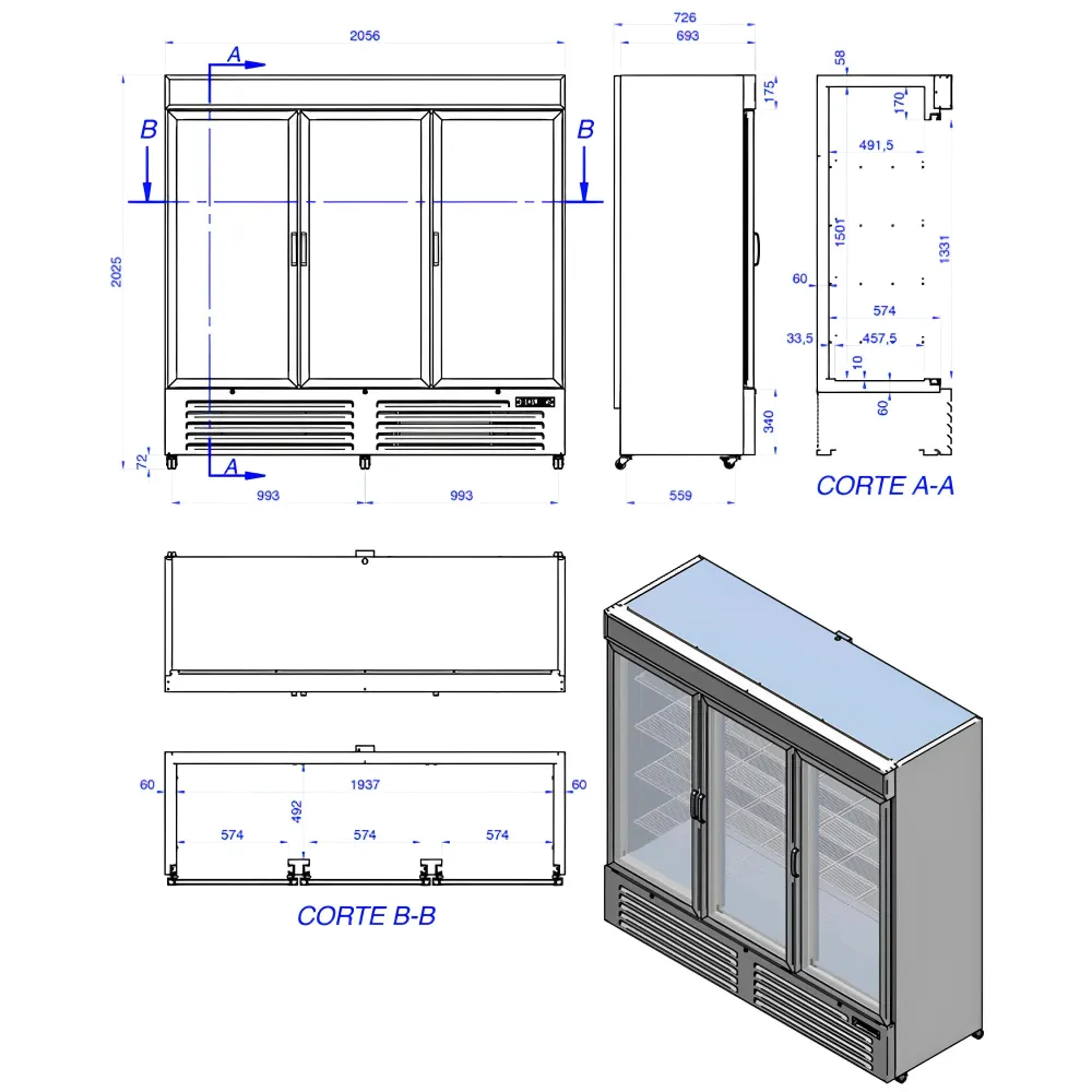 MBH - Industrial vertical freezer 1614 L with 3 glass INOX doors
