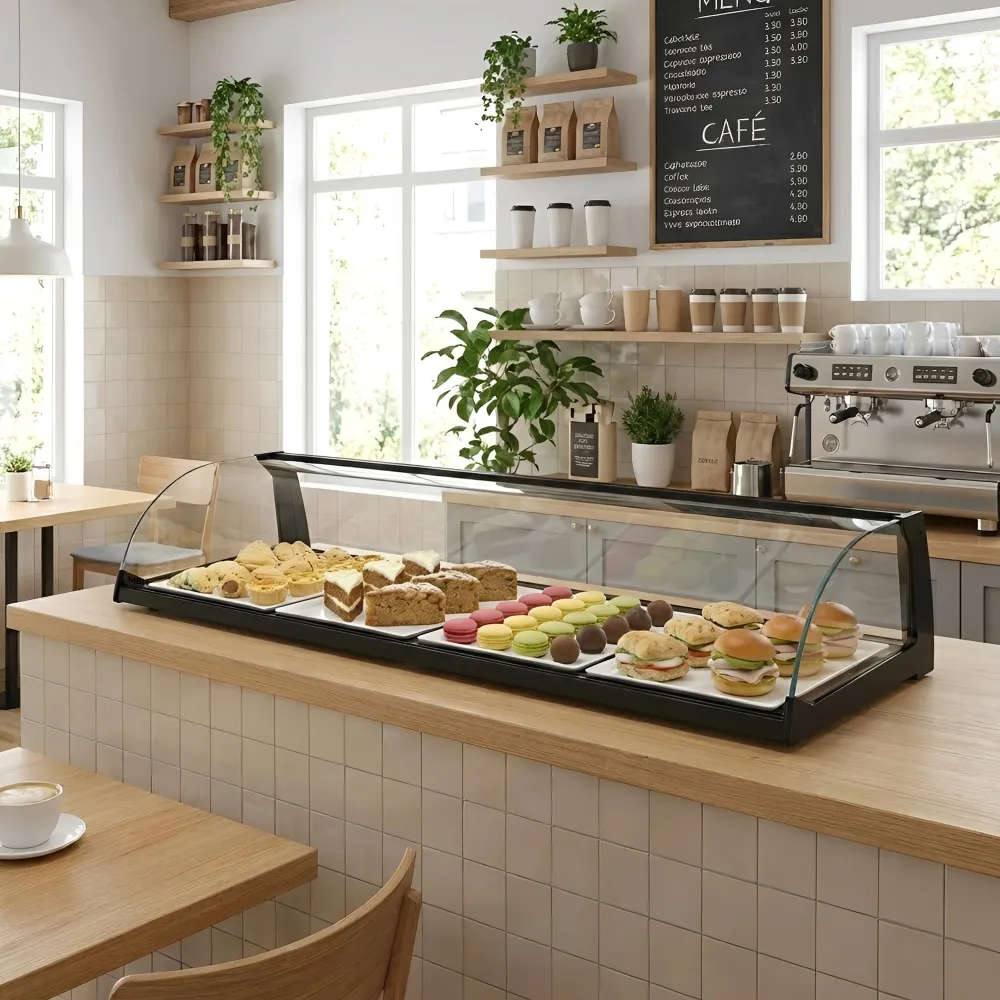 Expositores neutros bollería y repostería cristal curvado hostelería - MBH